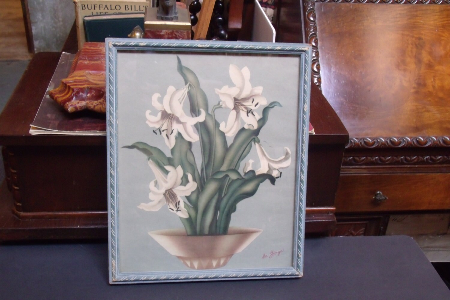 Vintage De Jonge Signed Lilly Floral Blue Framed Picture | Etsy