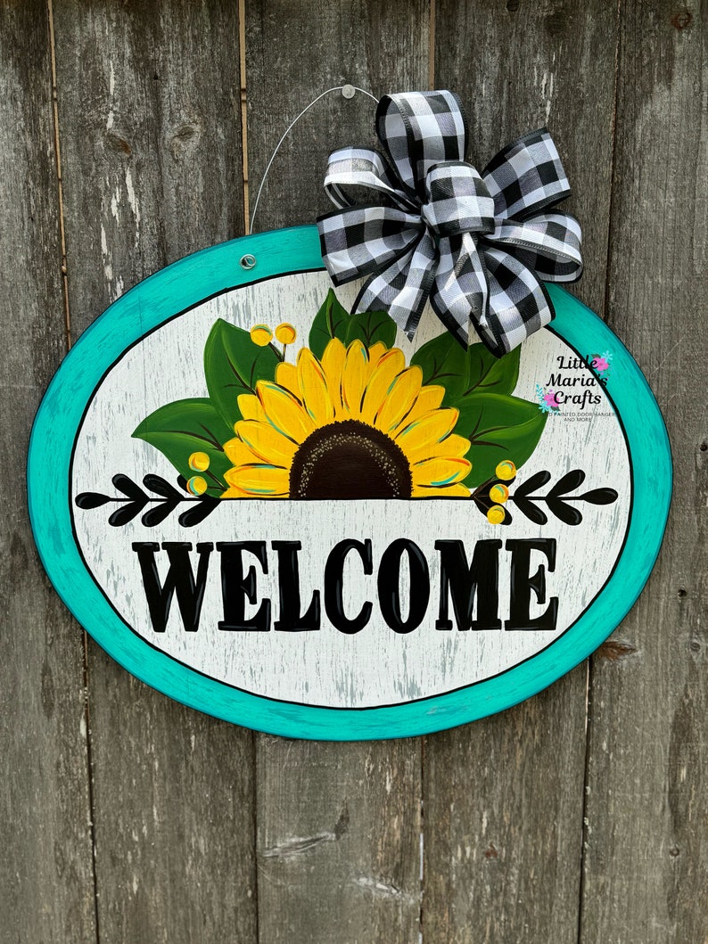 Sunflower Turquoise Oval Hanger, Welcome Door Sign, Sunflower Decor - Etsy