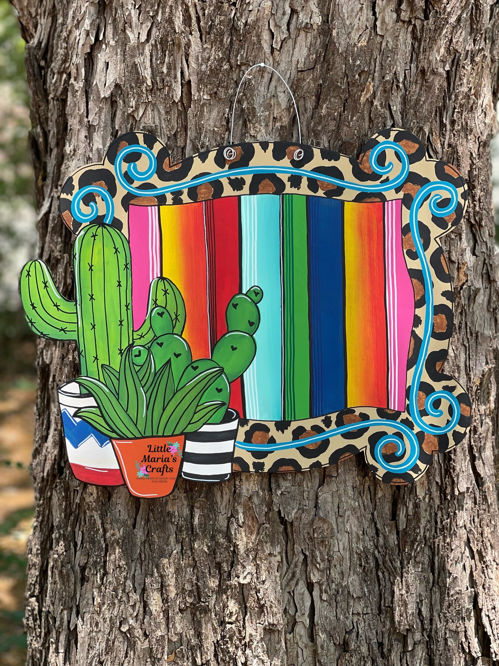 Sarape and Leopard Print Cactus Welcome Door Hanger, Cactus Door Sign ...