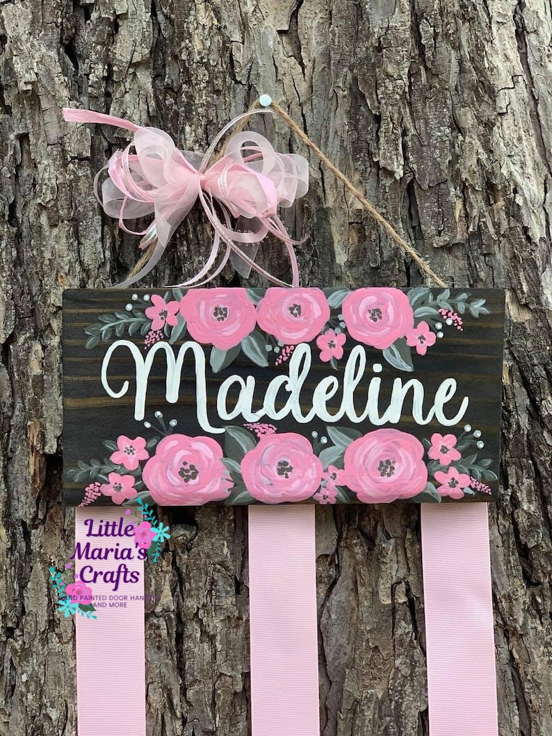 Pink Rose Personalized Bow Holder. Bow Hanger, Hair Bow Holder, Hand ...