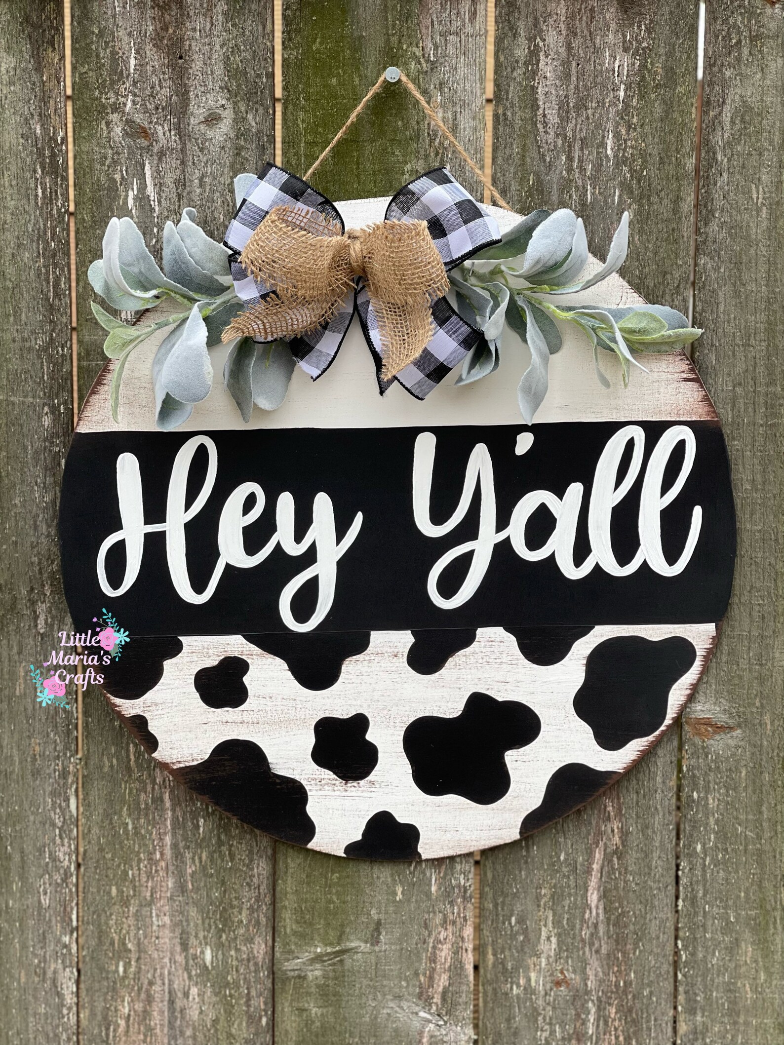Cow Print Round Door Hanger, Farmhouse Door Sign, Wood Round Decor, Hey ...