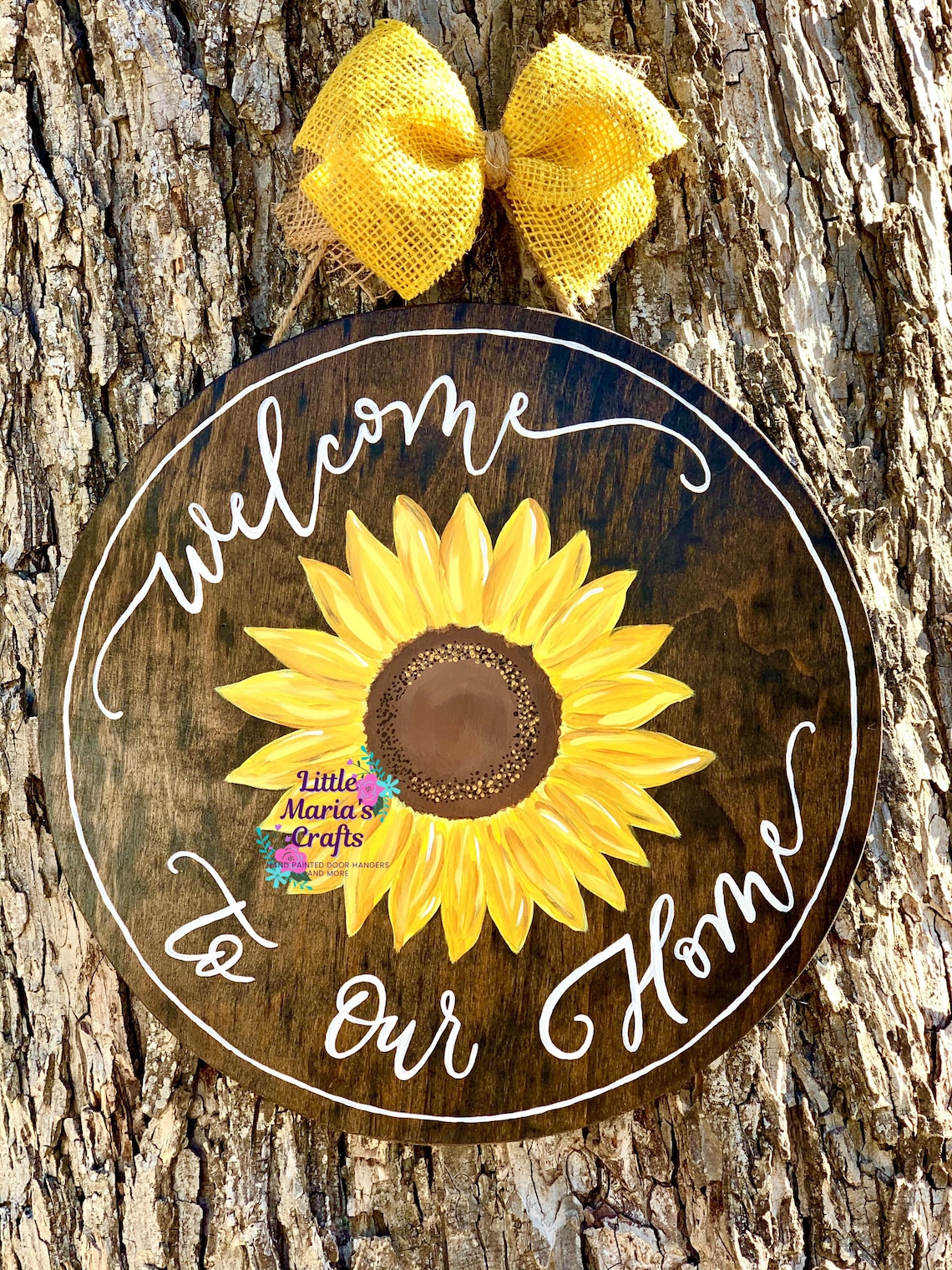 Sunflower Welcome to Our Home on Stained Wood Round Door Hanger, Door ...