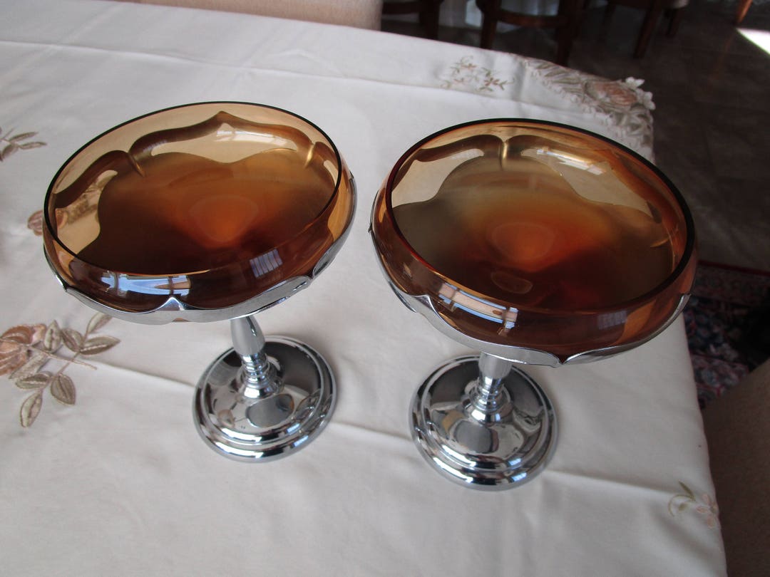 2 Antique Amber Vintage Cambridge Glass Krome Krafts Compote Pedestal ...