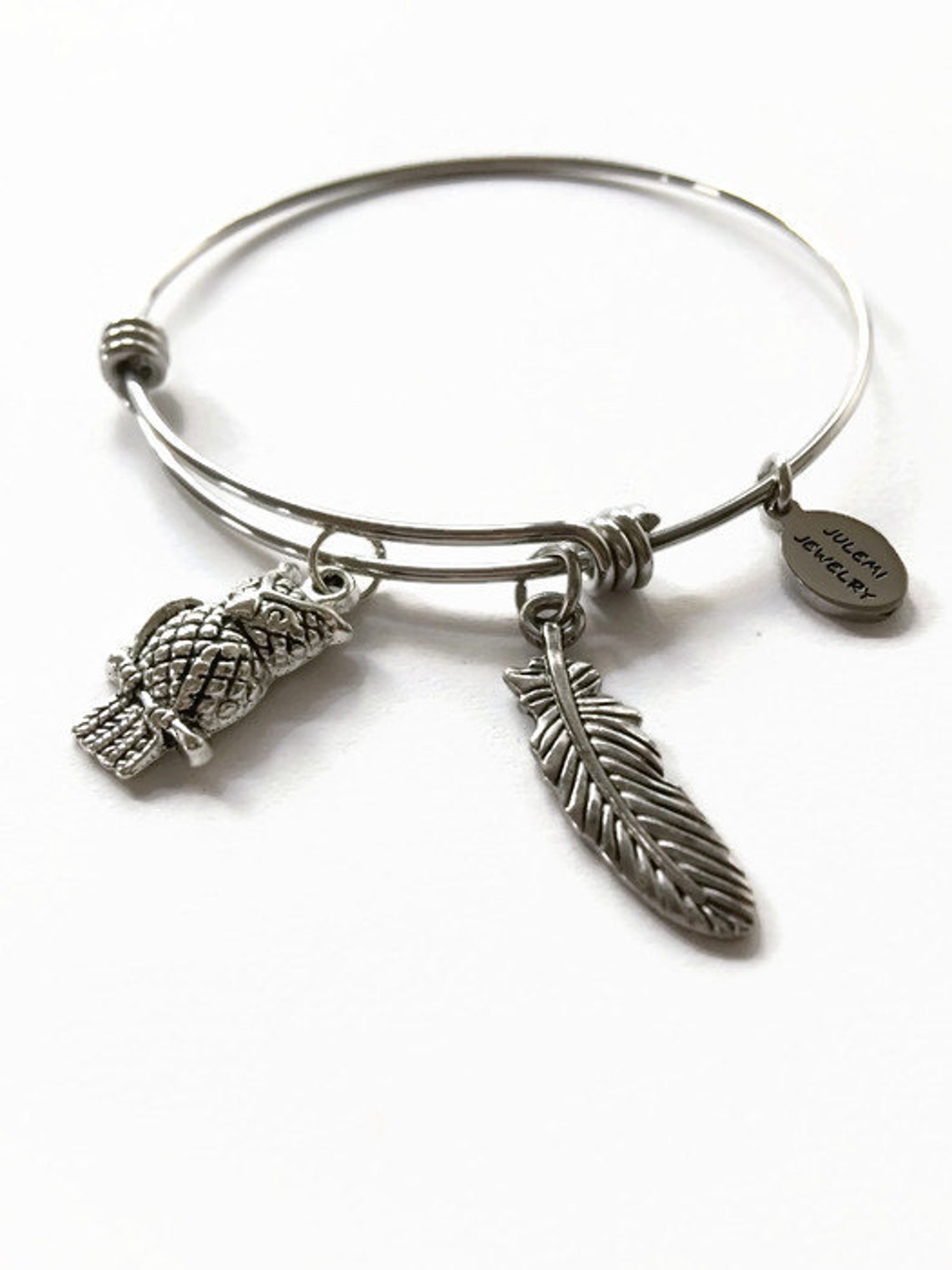 Owl Expandable Bracelet Owl Charm Bangle Owl Bracelet Feather Charm ...