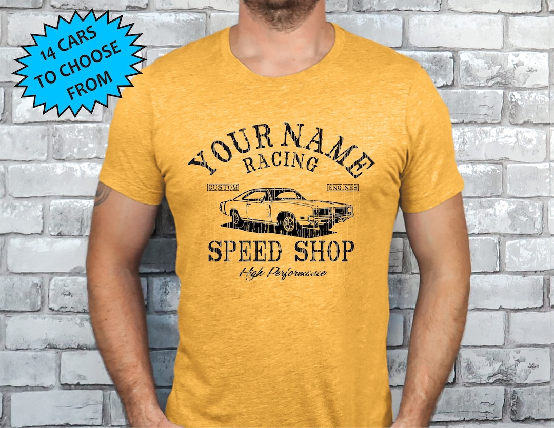 Personalized SPEED SHOP-RACING Shirt Short Sleeve Unisex Heather Yellow ...