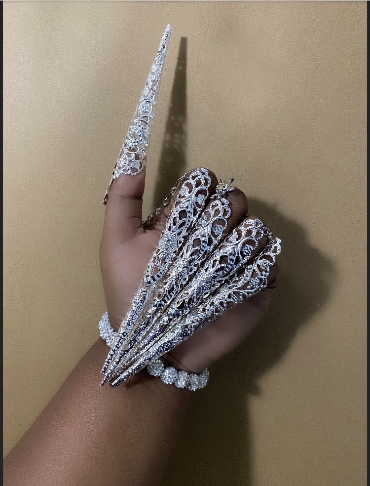 Long Nail Cone Gloves With Chains and Bracelet, Silver Cowgirl ...