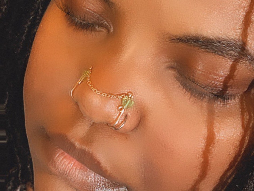 Green Garnet Heart Nose Bridge Cuff Chain, Fake Piercing, Faux Piercing ...