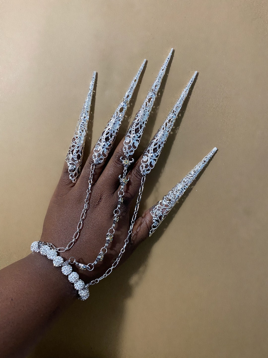Long Nail Cone Gloves With Chains and Bracelet, Silver Cowgirl ...