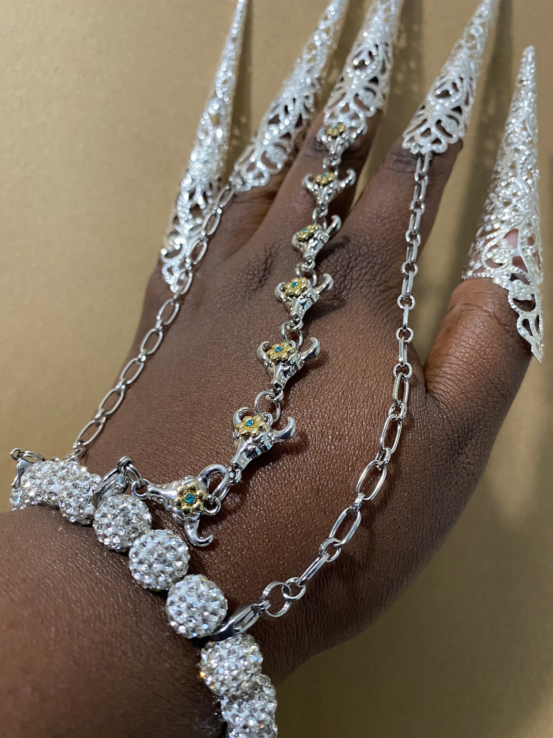 Long Nail Cone Gloves With Chains and Bracelet, Silver Cowgirl ...