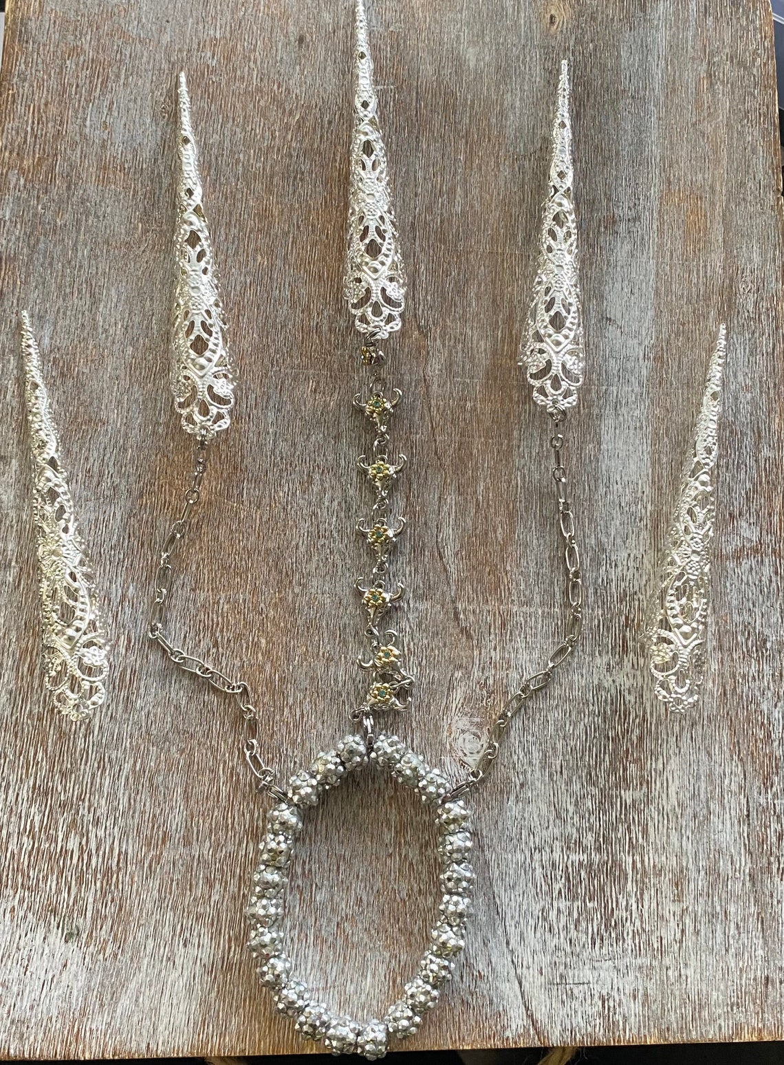 Long Nail Cone Gloves With Chains and Bracelet, Silver Cowgirl ...