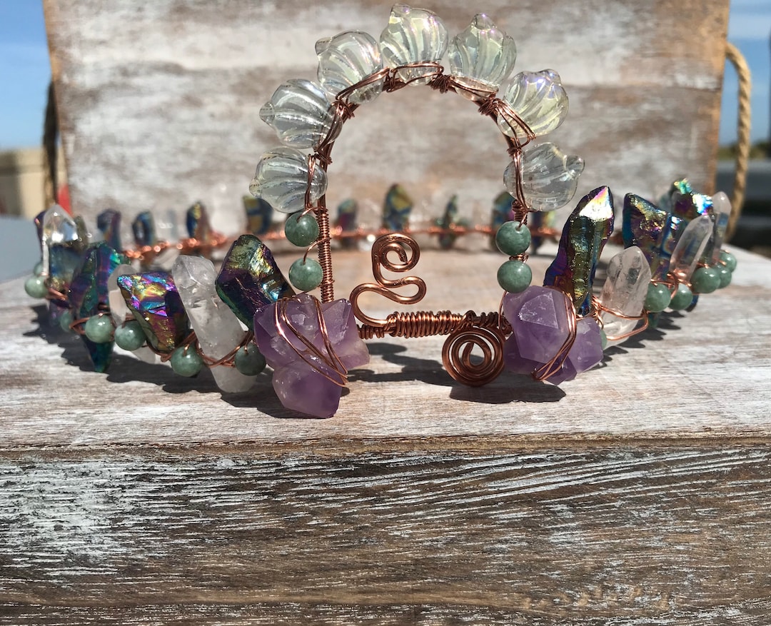 Copper Wire Wrapped Crystal Crown With Titanium Quartz, Amethyst & Jade ...