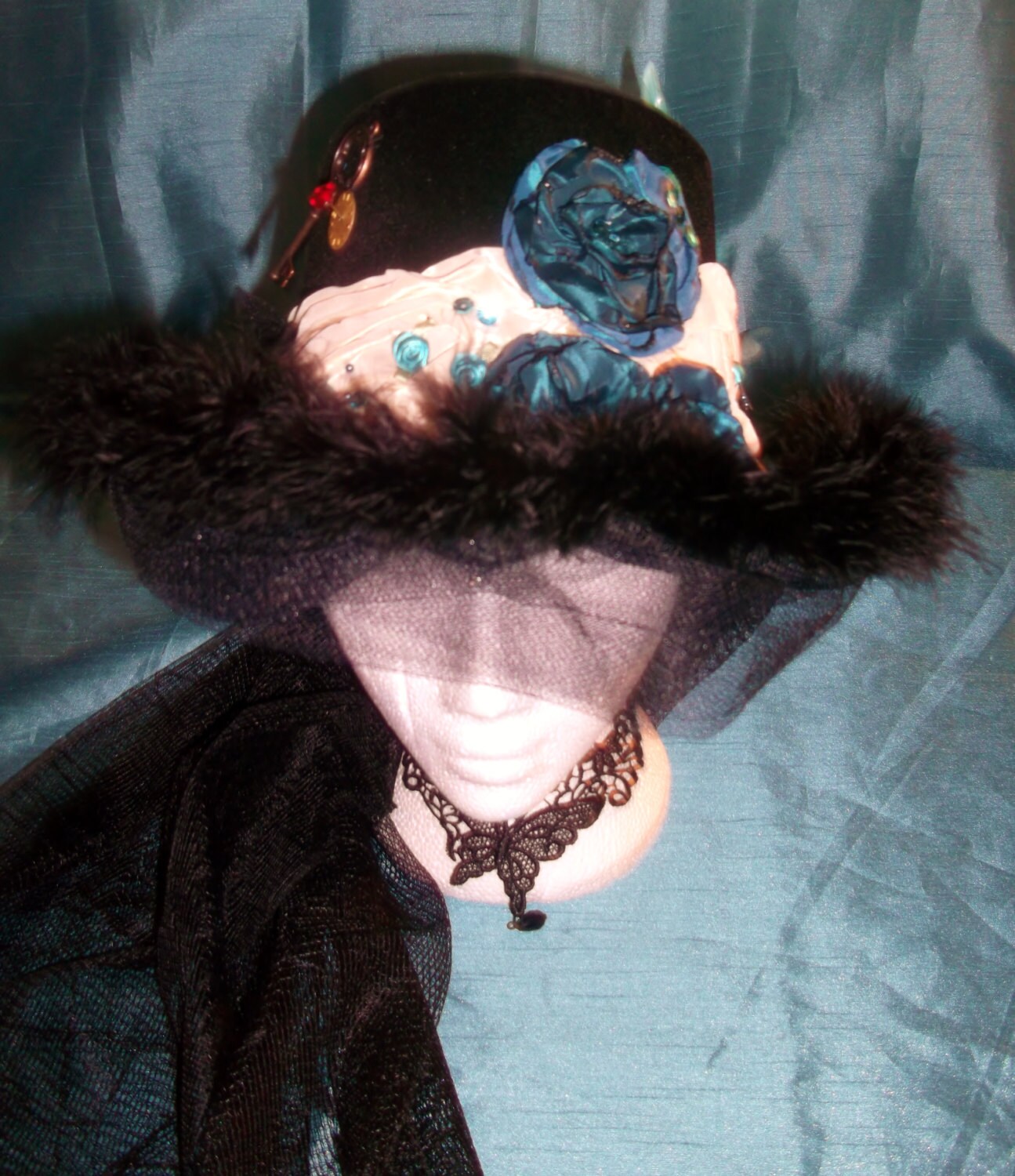Bespoke/steampunk/goth Bowlerhat-velvet ivory Taffeta Fabric&teale ...