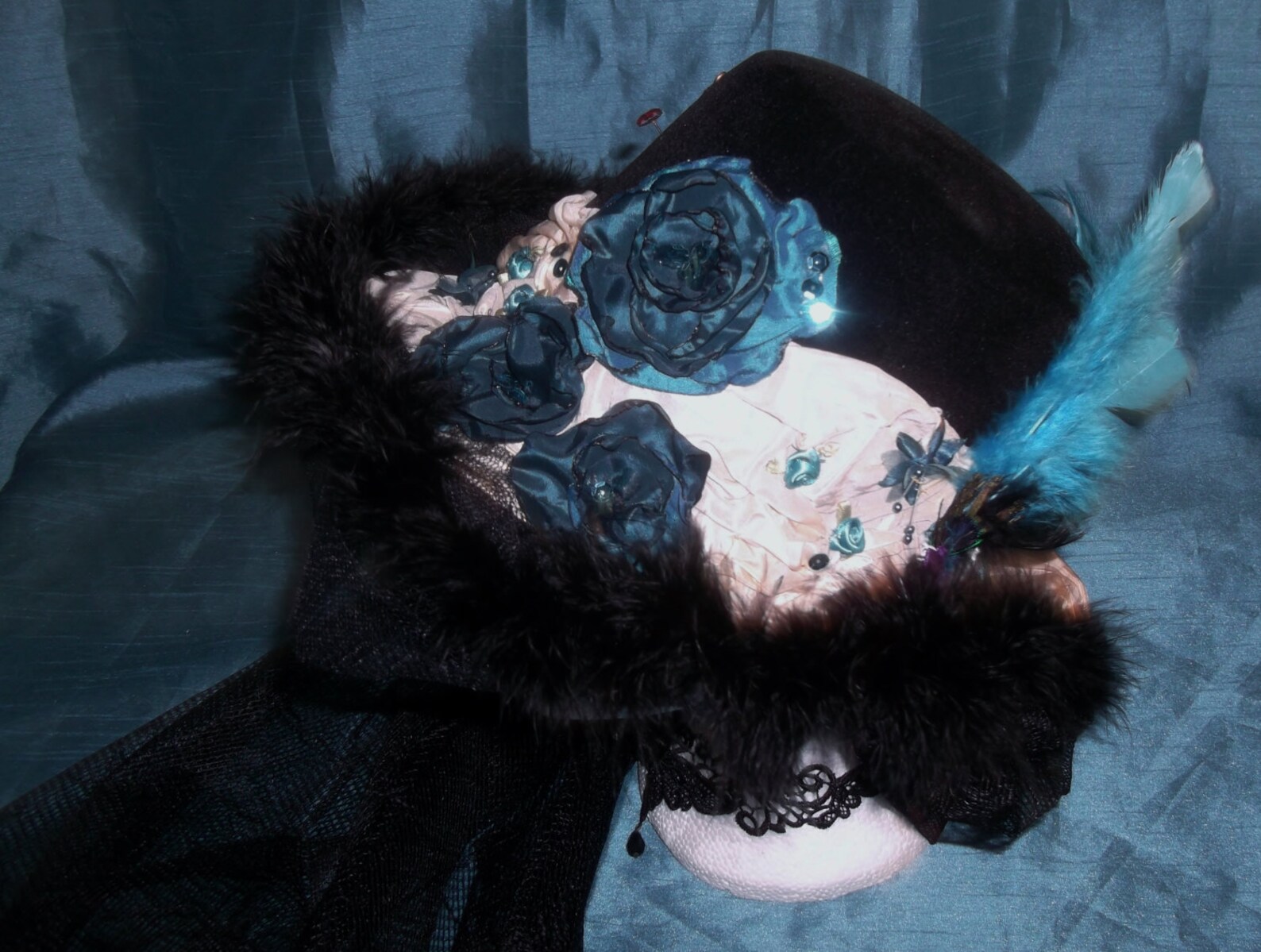 Bespoke/steampunk/goth Bowlerhat-velvet ivory Taffeta Fabric&teale ...