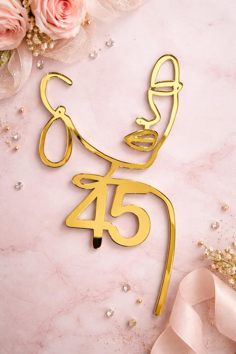 Gold Line Art Cake Topper – Abstract Face Birthday Topper – Elegant ...