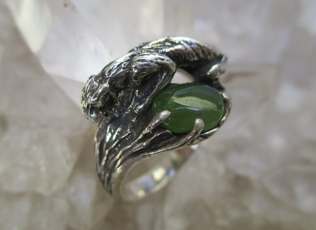 Cougar Ring W/jade -sterling Silver- Hand Cast Size 9 - Etsy