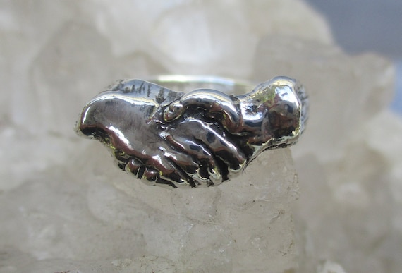 Holding Hands Ring sterling Silver Unique Hand Cast Ring - Etsy