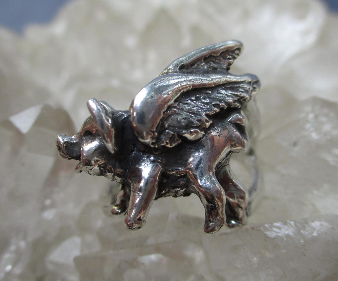 Flying Pig Ring ~sterling Silver~ Hand Cast Size 7 3/4 "when Pigs Fly ...