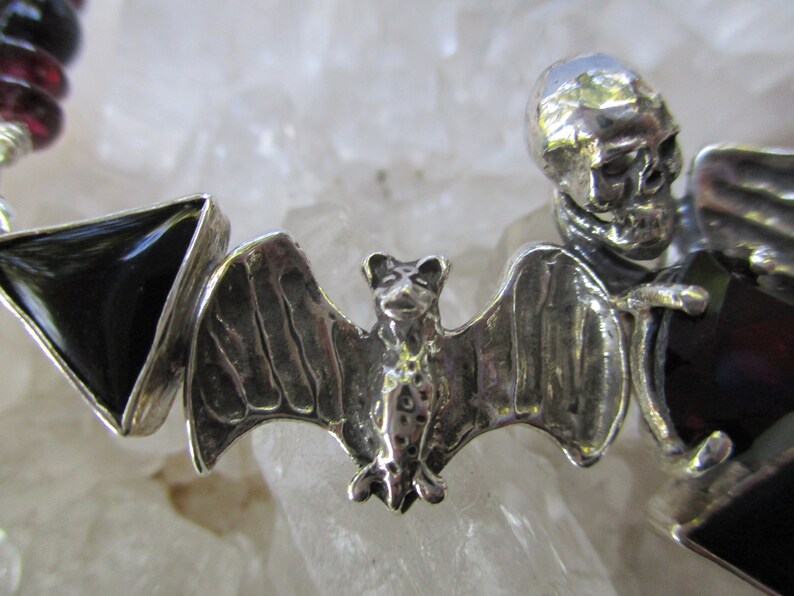 Skull & Bats Necklace W/dk. Red Garnet and Black Onyx ~sterling Silver ...