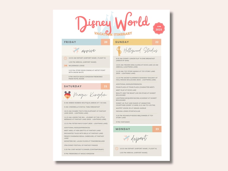 Disney Itinerary Printable, Family Vacation Schedule, Disney World Trip ...