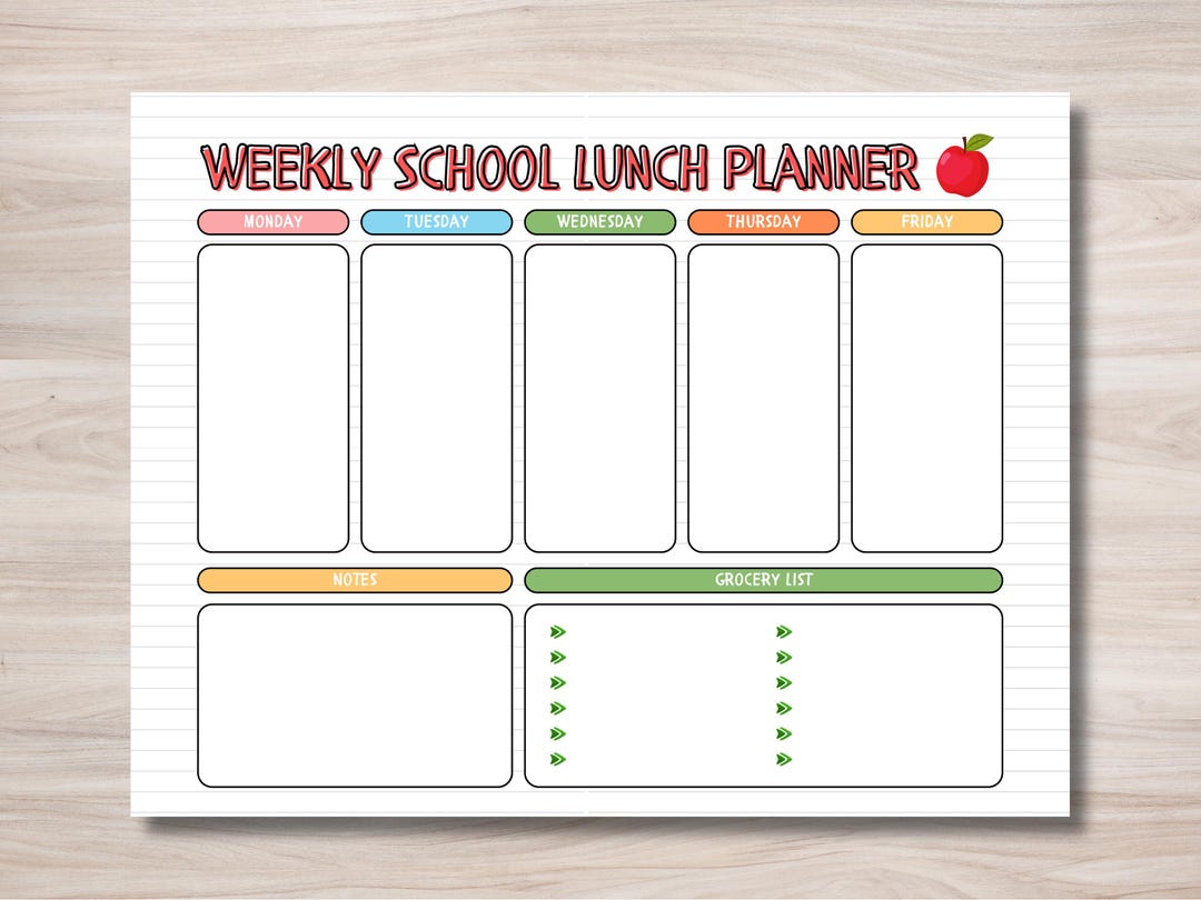 Weekly School Lunch Planner Printable, Kid-friendly Meal Organizer With ...