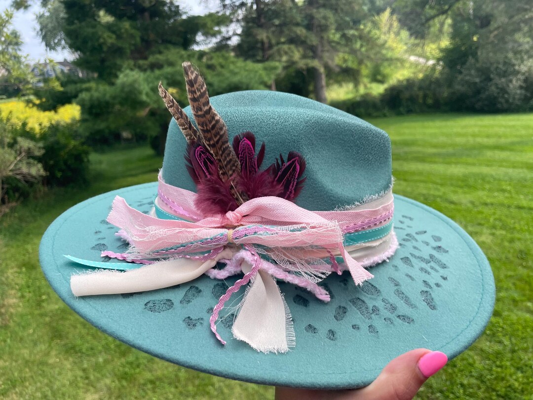 Women's Turqouise Embellished Burned Cowboy Fedora Hat Feathers Custom ...