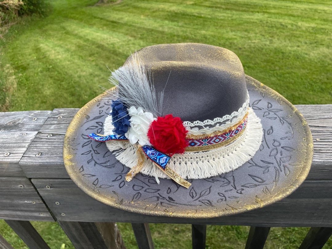 Women's Embellished Aztec Gold Trim Burned Cowboy Hat Patriotic Hat - Etsy