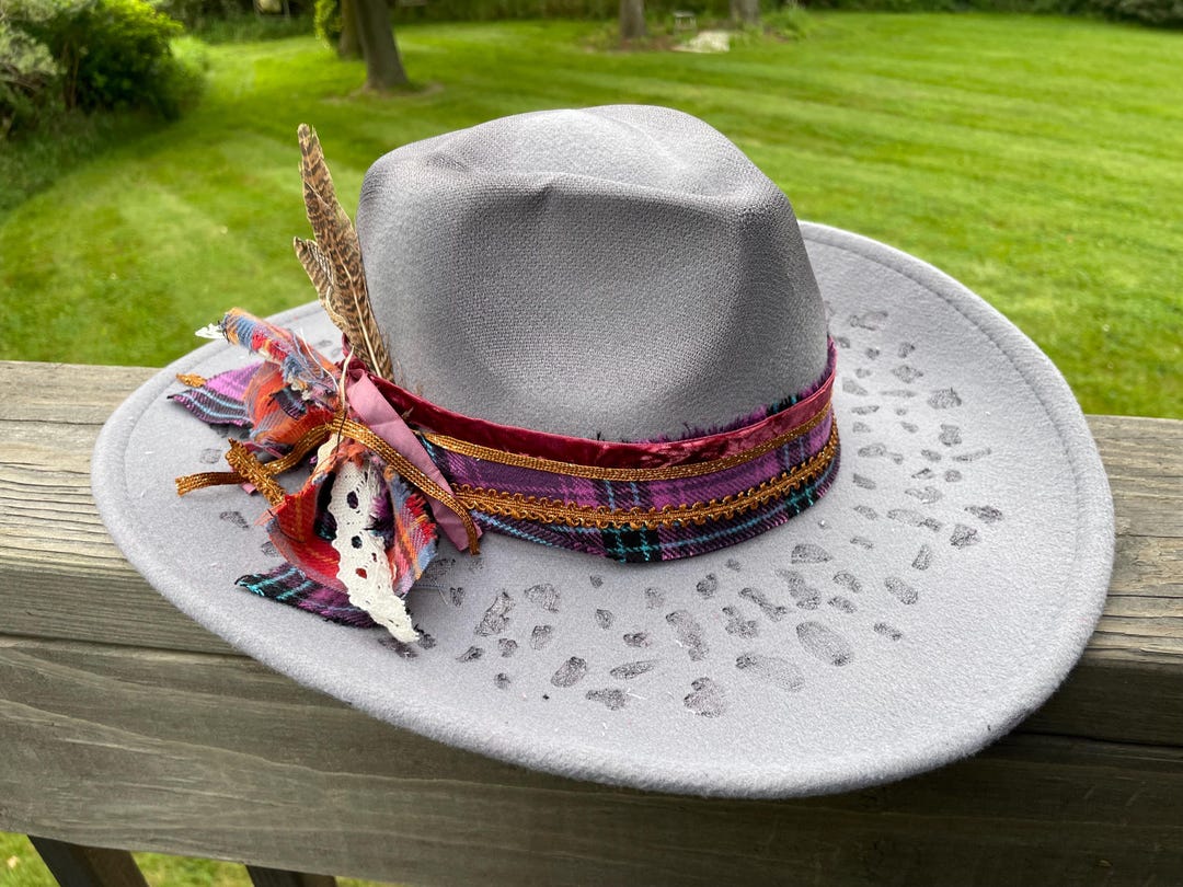 Womens Grey Velvet Embellished Burned Cowboy Hat Fall Hat Custom Hat ...