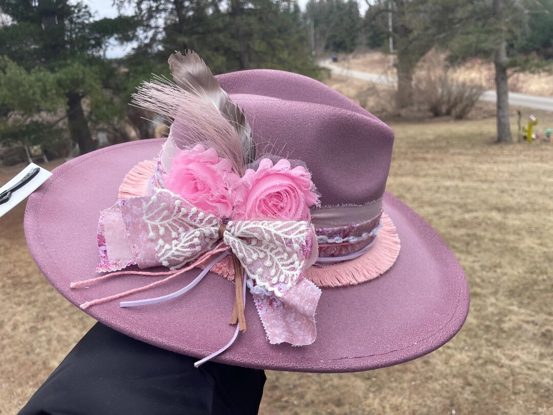 Women's Lavender Pink Embellished Burned Cowboy Fedora Hat Feathers ...