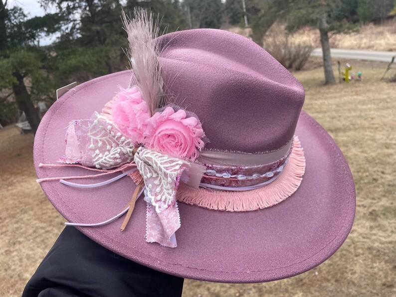 Women's Lavender Pink Embellished Burned Cowboy Fedora Hat Feathers ...