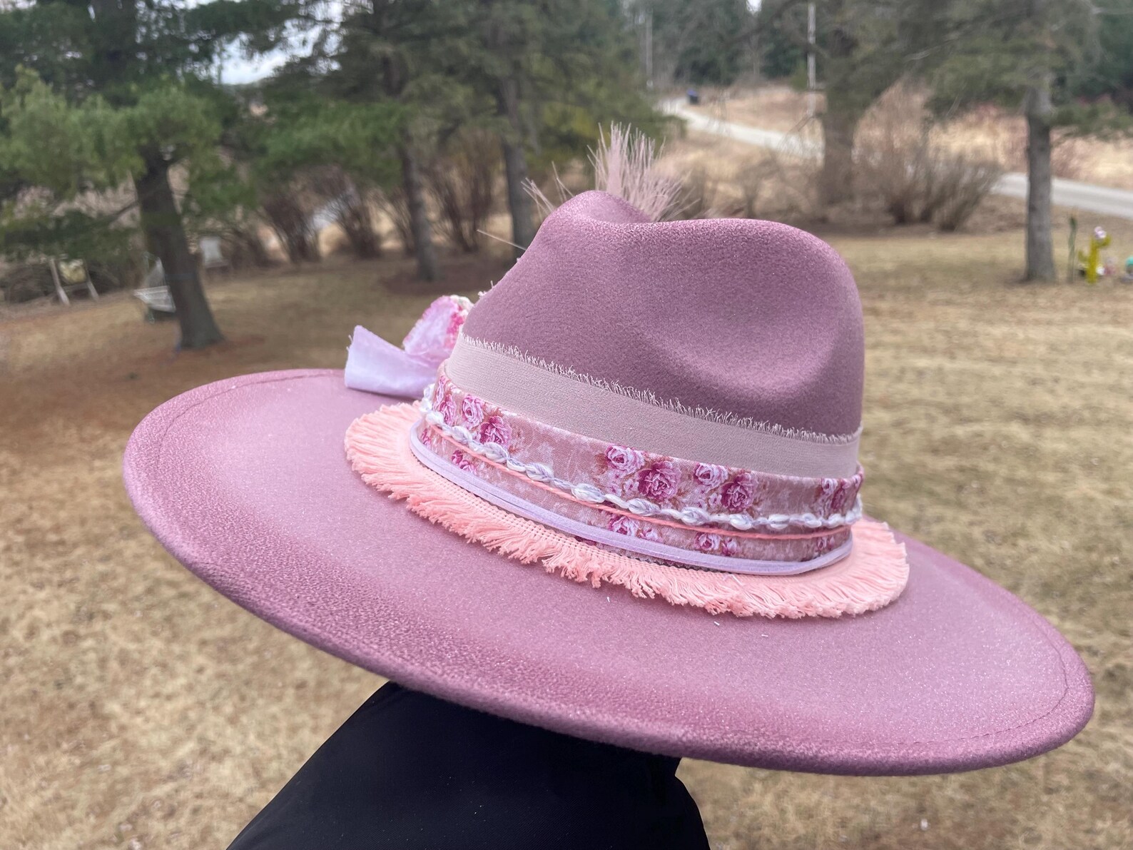 Women's Lavender Pink Embellished Burned Cowboy Fedora Hat Feathers ...
