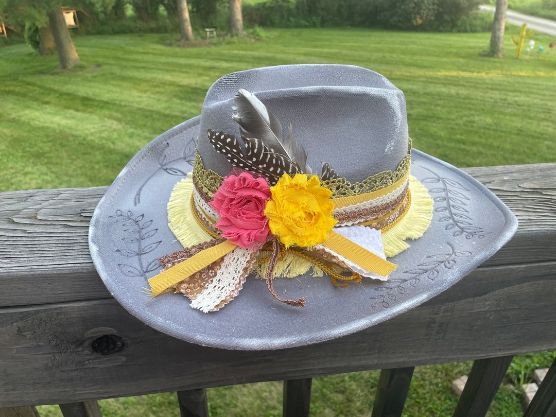Womens Pink Gold Embellished Burned Cowboy Hat Fall Hat Custom Hat ...