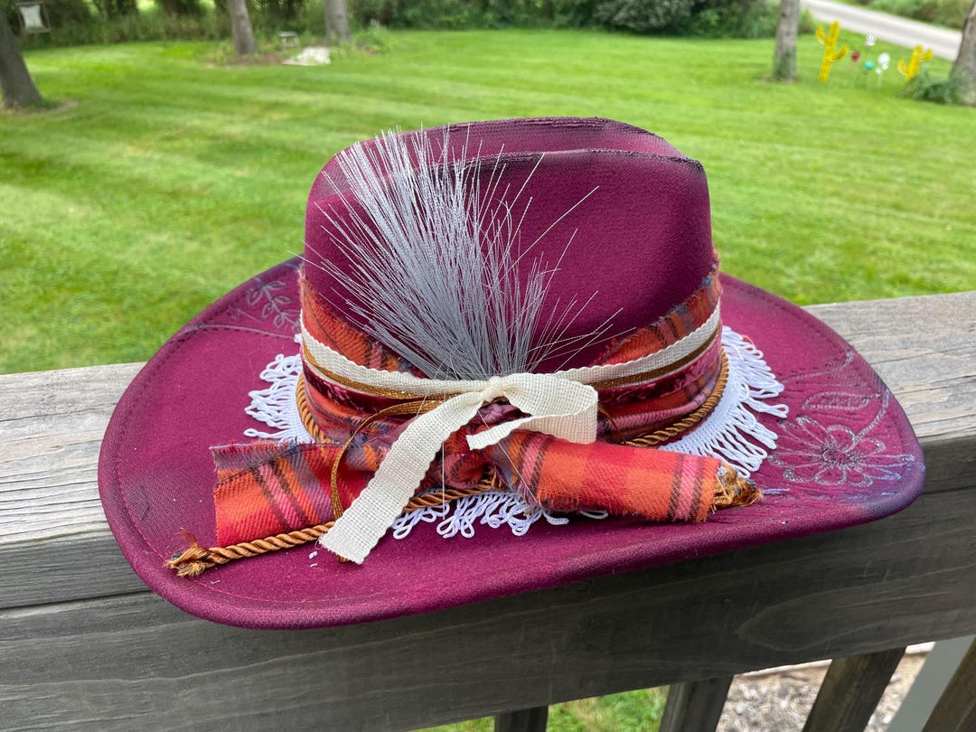 Womens Orange Maroon Embellished Burned Cowboy Fall Hat Custom Hat ...