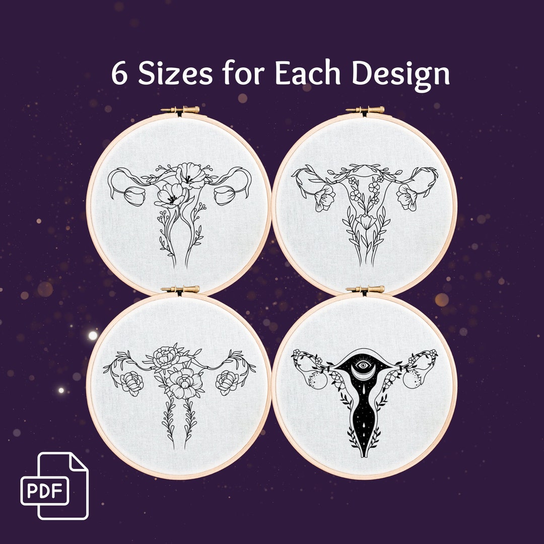 Floral Uterus Feminist Hand Embroidery Patterns - 4 Designs - 6 Sizes ...