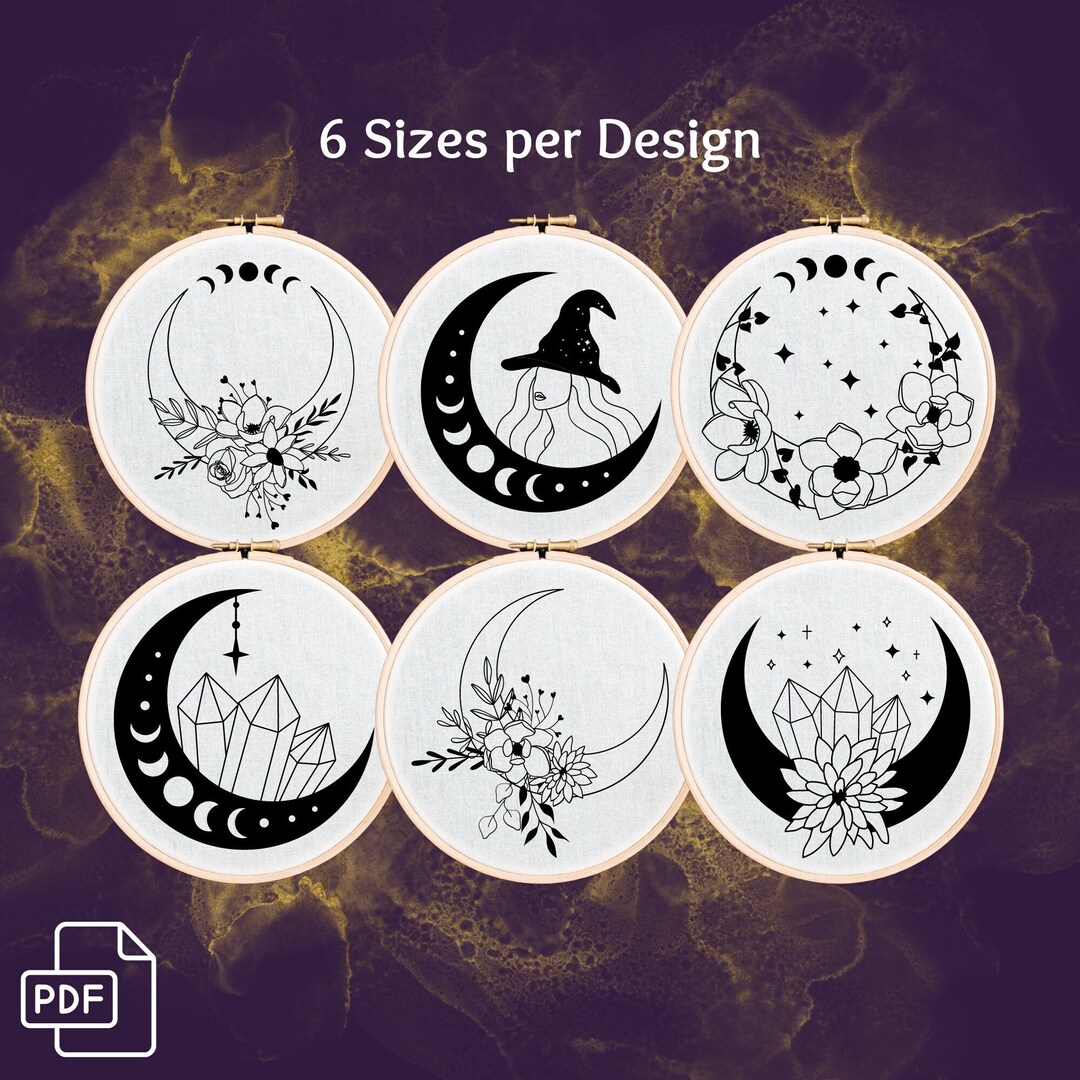 Moon Crystal Flower Witch Hand Embroidery Patterns 6 Designs Multi Size ...