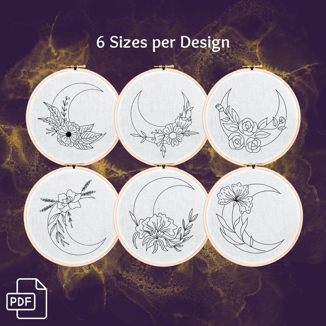 Moon and Flower Hand Embroidery Patterns - 6 Different Designs - Multi ...