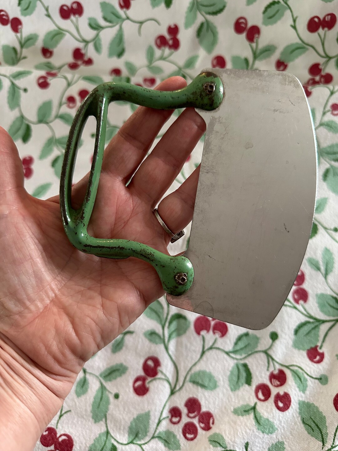 Vintage Green Metal Handle Stainless Steel Food Chopper. ACME Pat Pend ...