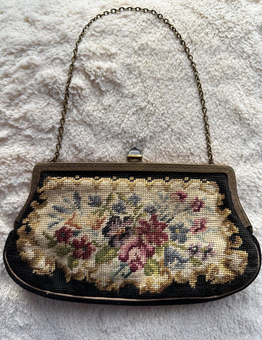 Vintage Floral Petit Point Evening Bag. Made in Austria. Black Evening ...