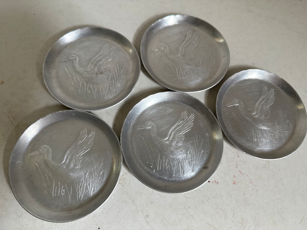 5 Vintage Aluminum Coasters. Stamped Picture of Crane With Cattails ...