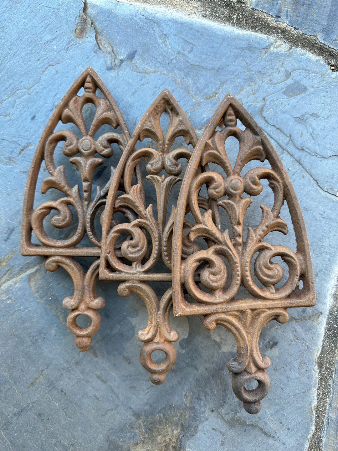 3 Antique Cast Iron Decorative Sad Iron Holders. Vintage Rusty Iron ...