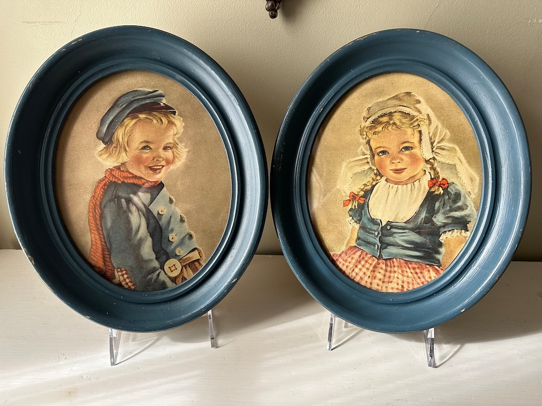 2 Vintage Oval Framed Prints of Dutch Boy and Girl. Colorful Prints in ...