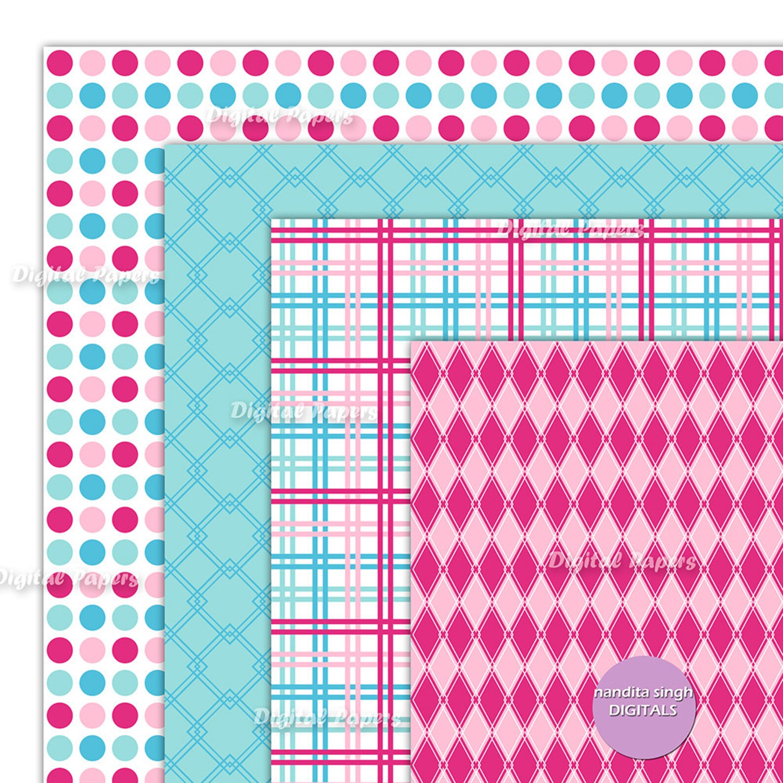 Pink and Blue seamless digital papers instant download | Etsy