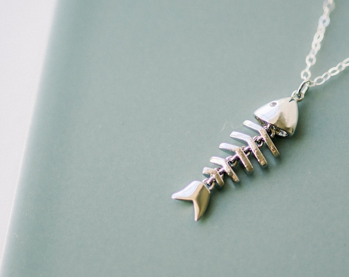Silver Fish Skeleton Necklace • Dainty Fishbone Necklace • Fish Bone ...