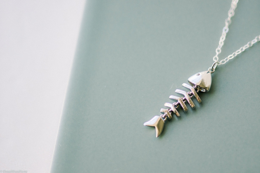 Silver Fish Skeleton Necklace • Dainty Fishbone Necklace • Fish Bone ...