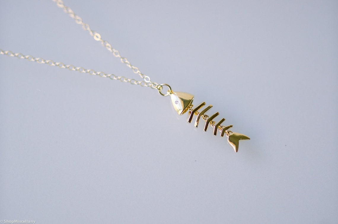 Gold Fish Skeleton Necklace Dainty Fishbone Necklace Fish - Etsy