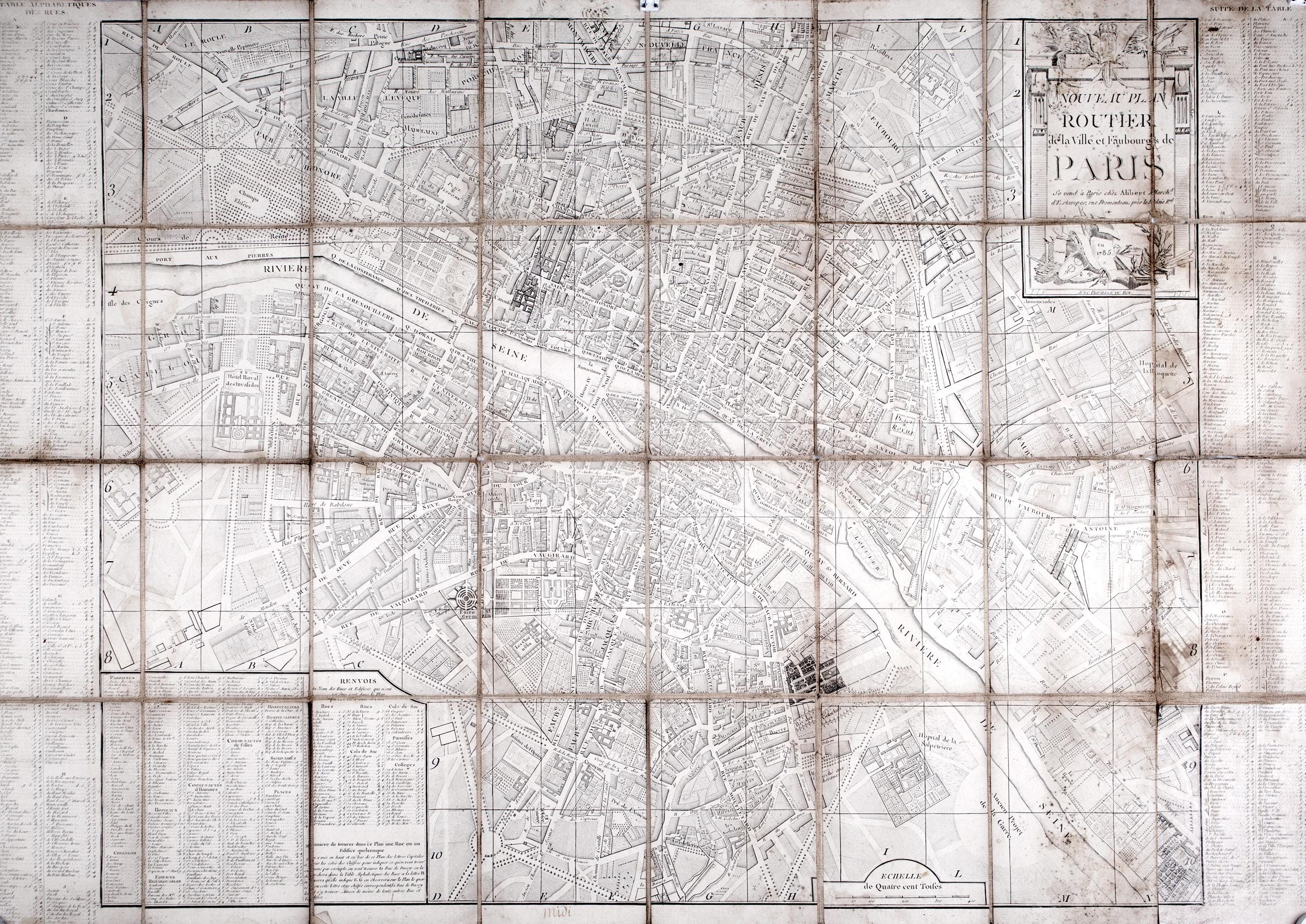 Large French Map of Paris Plan Routier De La Ville Et Faubourg 1785 ...