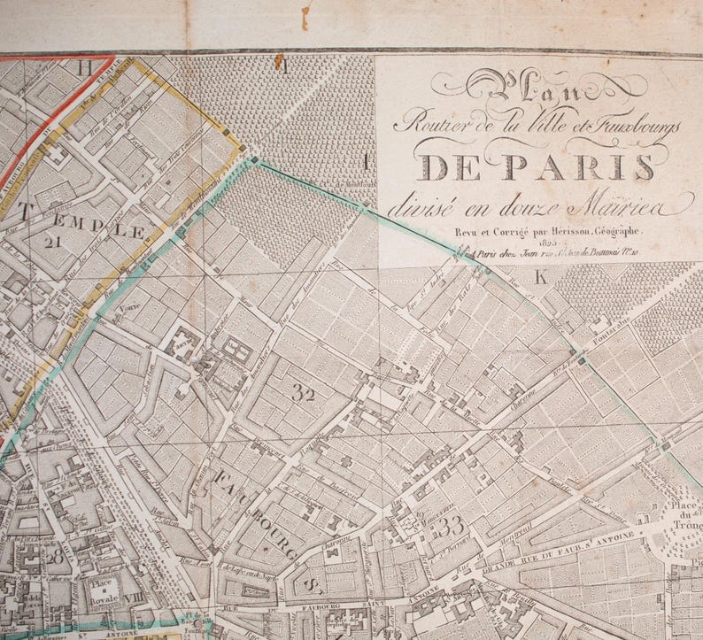 1825 Large French Map of Paris Plan Routier De La Ville Et Faubourg ...