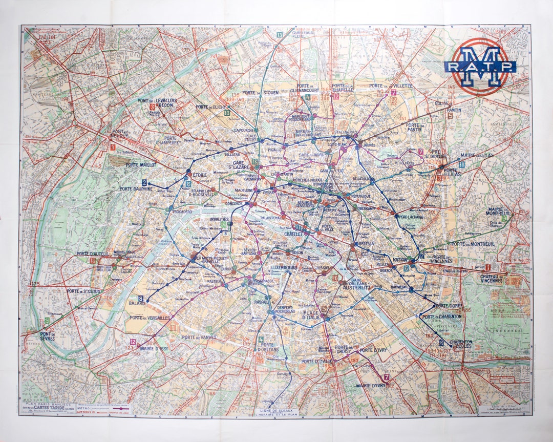 Large Paris Subway Map With Numbered Lines 1953 Tarride - Etsy