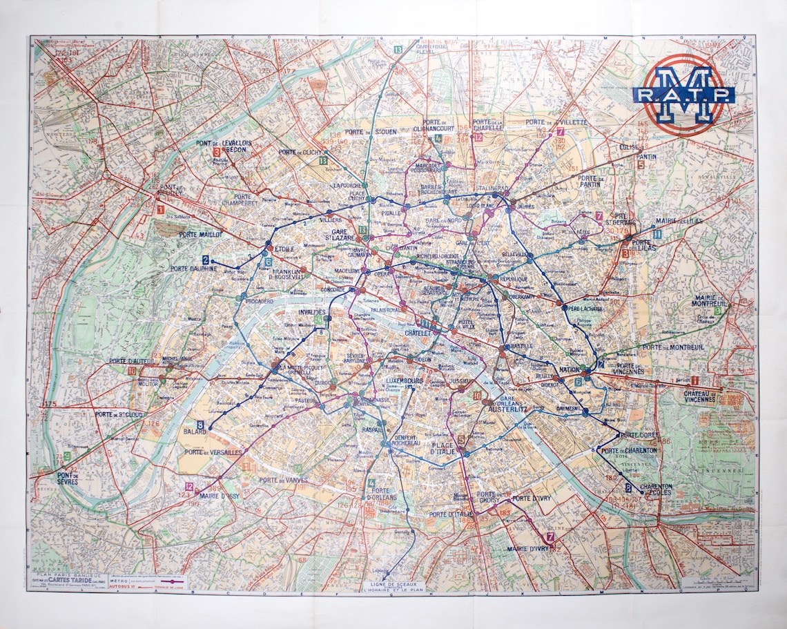 Large Paris Subway Map With Numbered Lines 1953 Tarride - Etsy