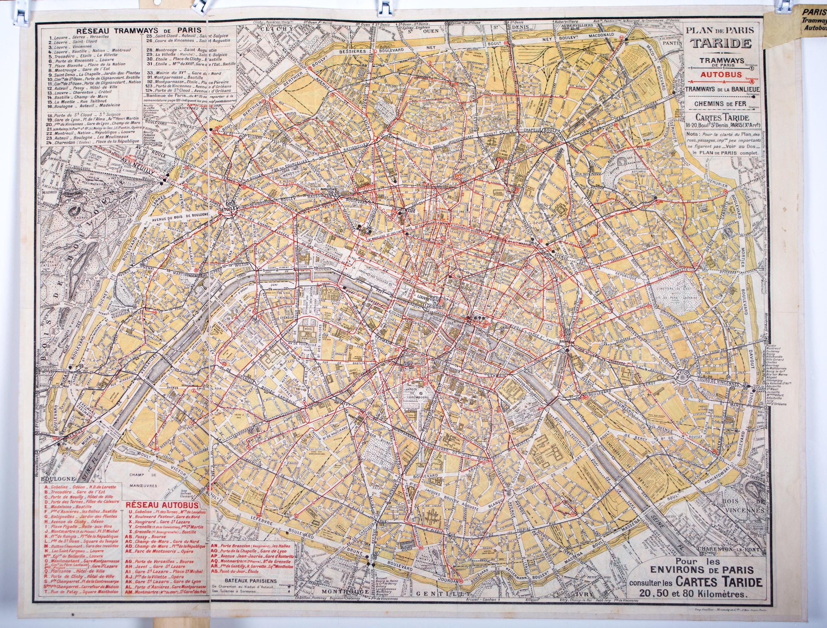 Large Paris Tramway/bus Map Lines 1920 Taride Linen Backing - Etsy