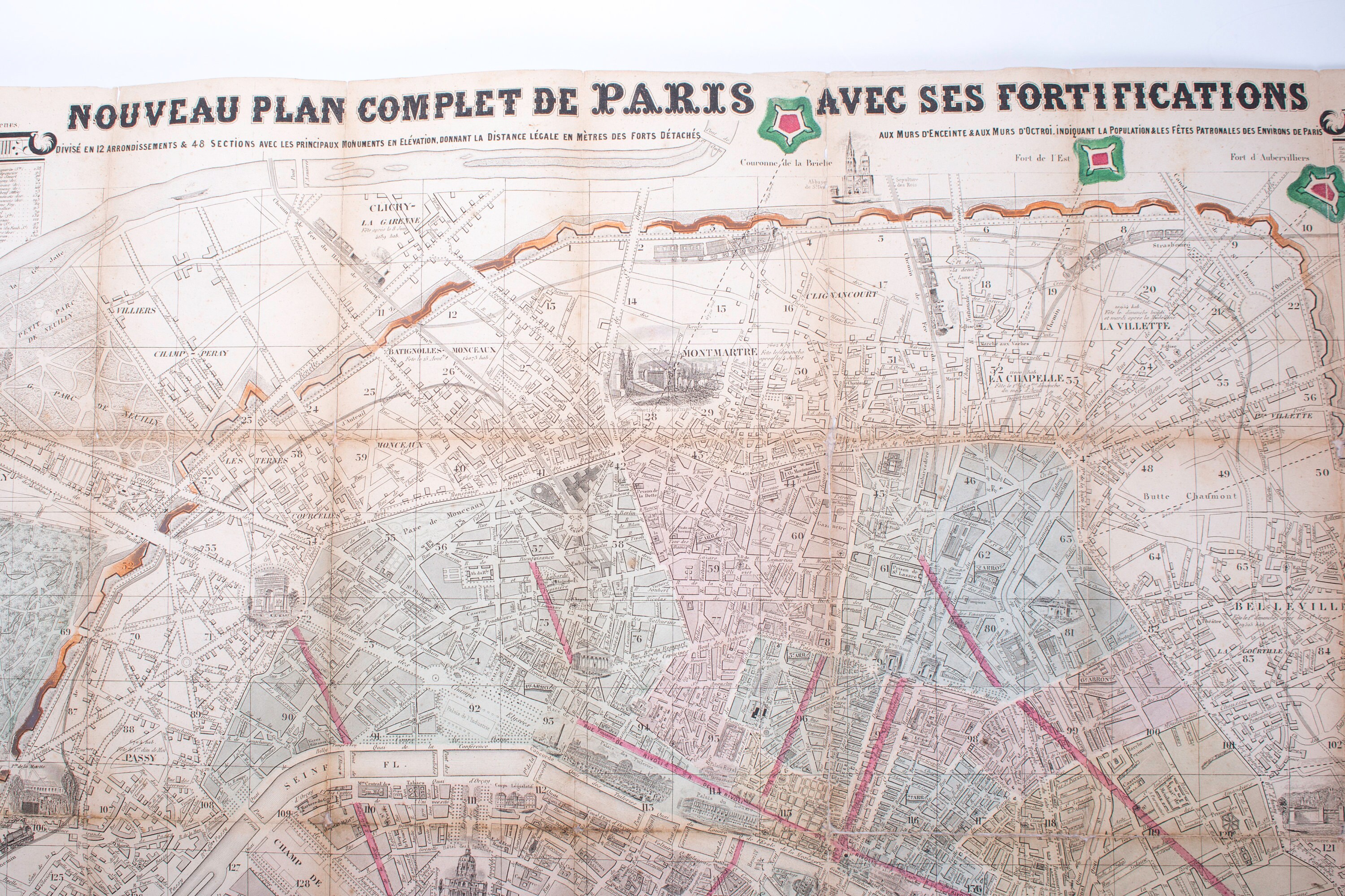 1858 Large FRENCH Antique Map of PARIS Dubreuil Vuillemin on Linen ...